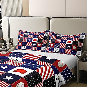 Castle Fairy Baseball Theme 100% Cotton Duvet Cover,Red Blue Geometric Stripe Check Breathable Comforter Cover,American Flag Stars Pattern Bedding Set 3 Pcs with Zipper Closure Queen Size
