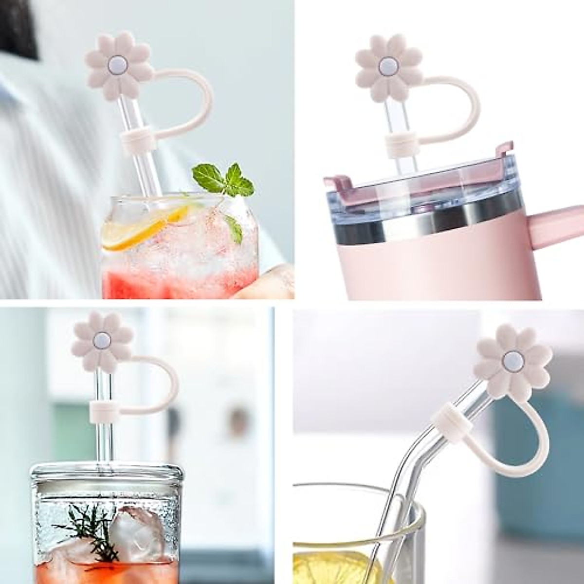 4 PCS Silicone Straw Covers Cap Compatible with Stanley 30&40 Oz Cup, 10mm Cute Flower Straw Toppers for Tumblers, Dust-Proof Drinking Straw Caps for Reusable Straws Tips Lids