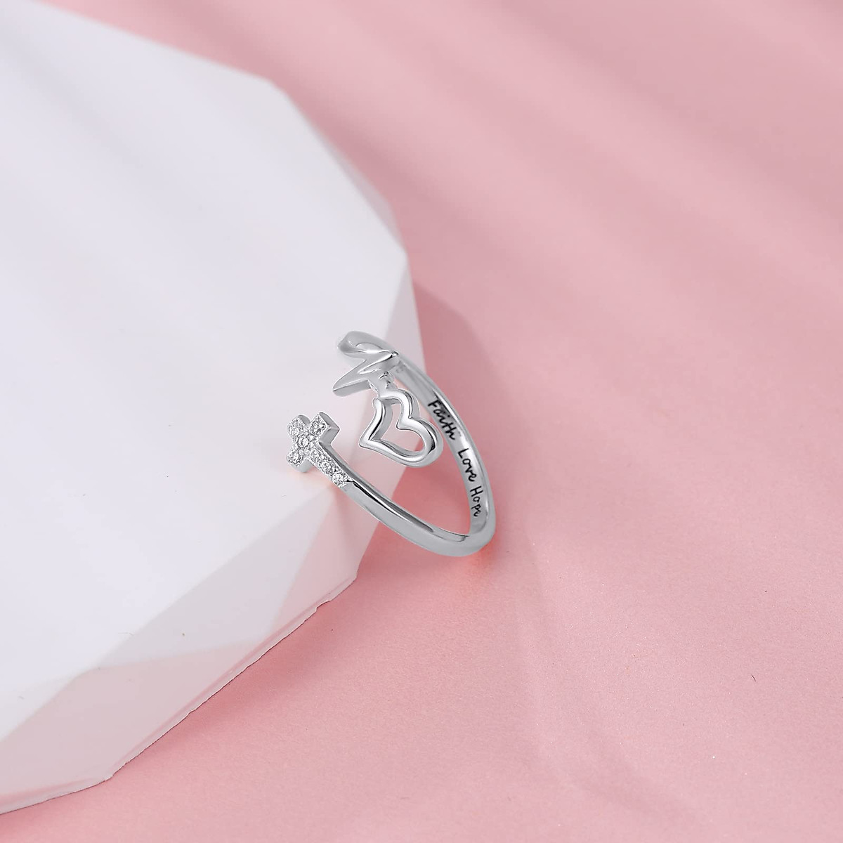 EJALEN S925-Sterling-Silver Faith Hope Love Heart Cross Rings for Women Adjustable Inspirational Faith Over Fear Ring Jewelry Jesus Christmas Gifts for Teens Grils Size 6-8 (white)