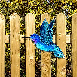 John's Studio Metal Hummingbird Wall Decor Bathroom Glass Art Iron Sculpture Outdoor Hanging Decoration for Home Bedroom Garden Patio Porch or Fence - Blue