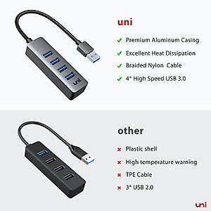 uni USB Hub 4-Port USB Splitter 4FT, High-Speed Portable Aluminum USB 3.0 Hub Compatible with PC, Laptops, Mouse, Keyboard, Flash Drive, Mobile HDD, Car, and More.