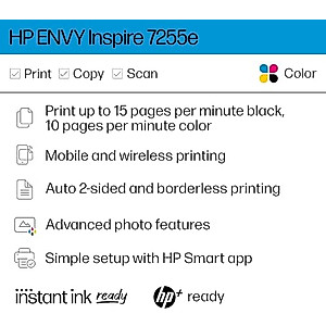 HP Envy Inspire 7255e Wireless Color All-in-One Printer with Bonus 6 Months Instant Ink (1W2Y9A) (Renewed Premium), White