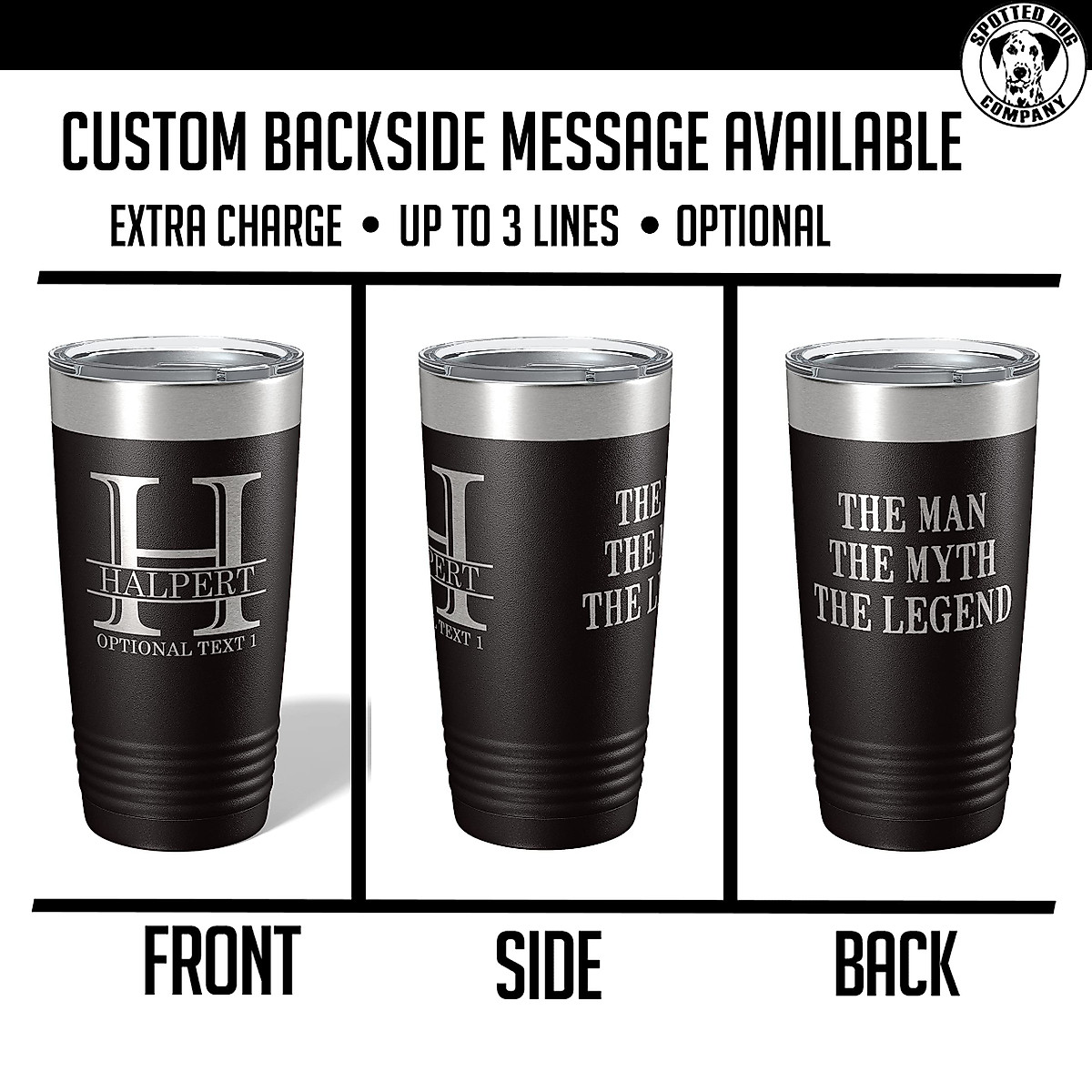 Personalized 20oz (17 Colors) Powder Coated Insulated Stainless Steel Tumbler with Lid, Custom Etched, Customized Engraved Gift Idea for Women Men Her Him, Halpert Monogram Initial Name (Black)