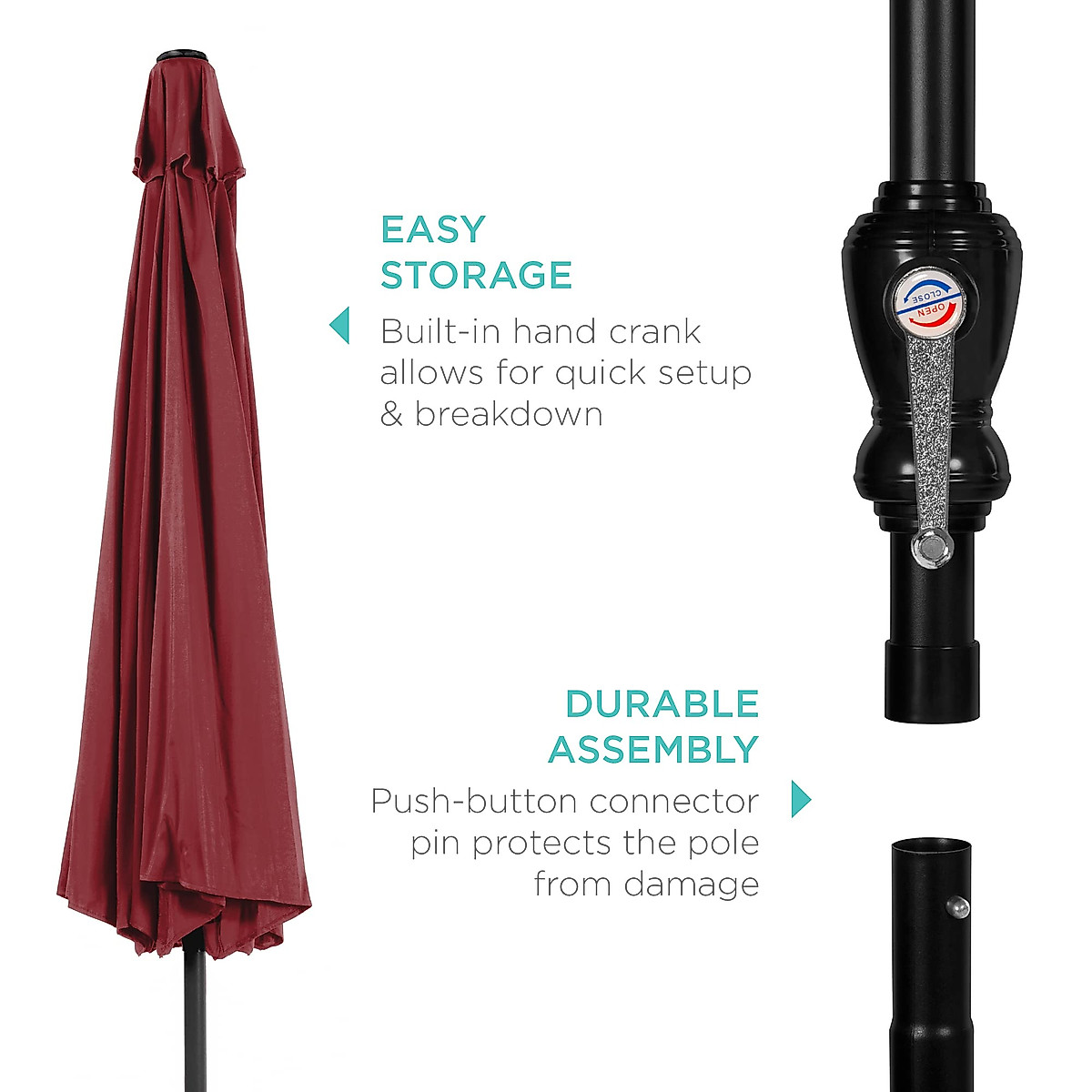 Best Choice Products 10ft Outdoor Steel Polyester Market Patio Umbrella w/Crank, Easy Push Button, Tilt, Table Compatible - Red