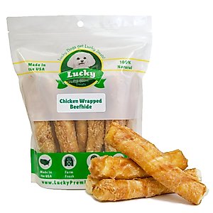 Lucky Premium Treats Chicken Wrapped Dog Treats – USA Made Raw Hide Sticks for Medium Dogs – Long Lasting, Preservative Free Dog Treats – 10 Chews