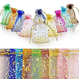 100 Moon Stars Drawstring Organza Present Bags, Moon Star Organza Jewelry Gift Pouch Candy Pouch Drawstring Wedding Favor Bags (Color mixing, 3.5 x 4.7 inch)
