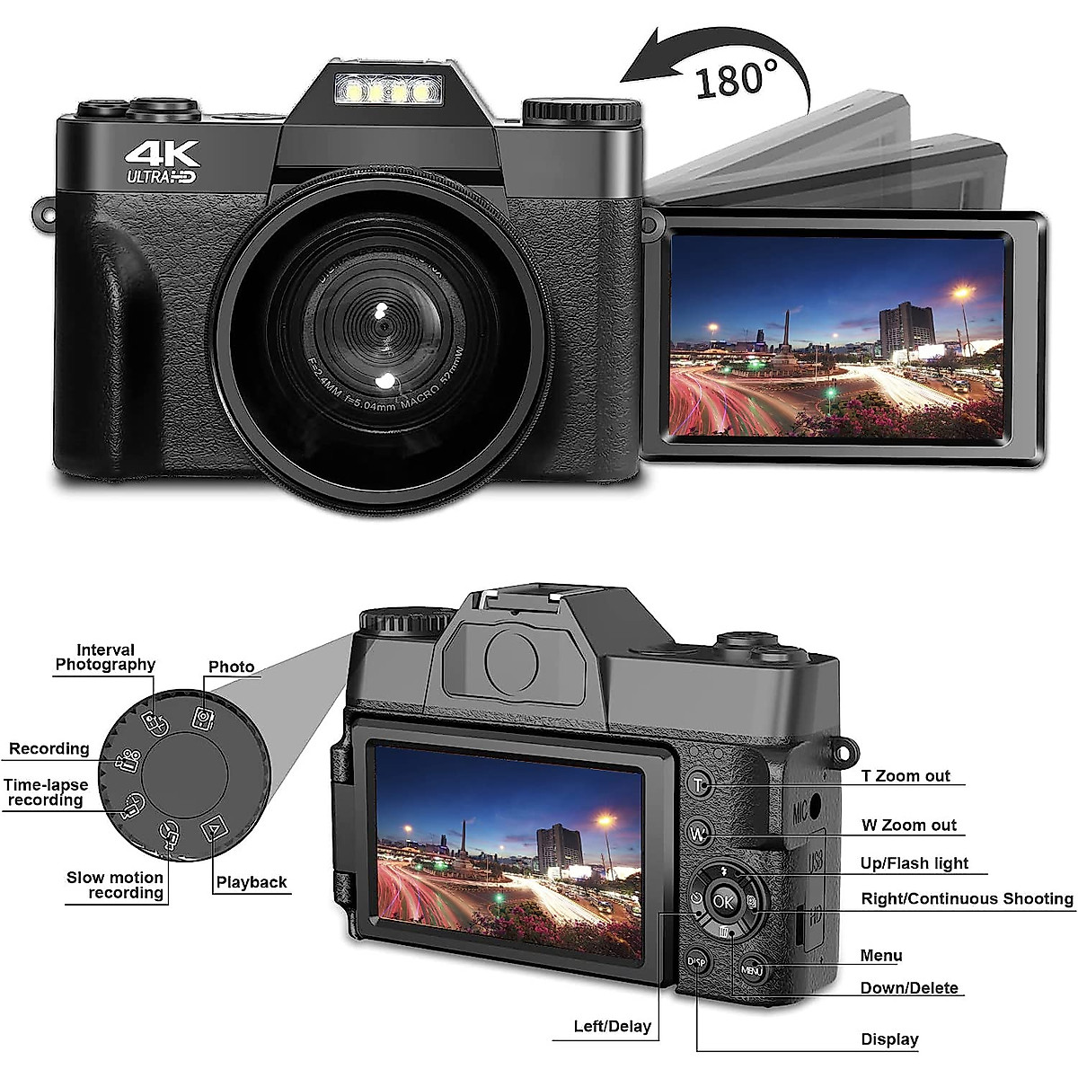 eDealz 4K 48MP Digital Camera Kit for Photography, Vlogging Camera YouTube with Flip Screen, WiFi, Wide Angle & Macro Lens, 64GB Micro SD Card, 50" Tripod, Case, Card Reader, Microphone, LED (Black)