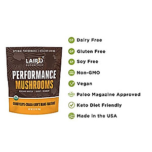Laird Superfood Organic Performance Mushroom Blend with Chaga, Cordyceps, Lion's Mane and Maitake for Energy and Cognition, 3.17 oz. Bag, Pack of 1