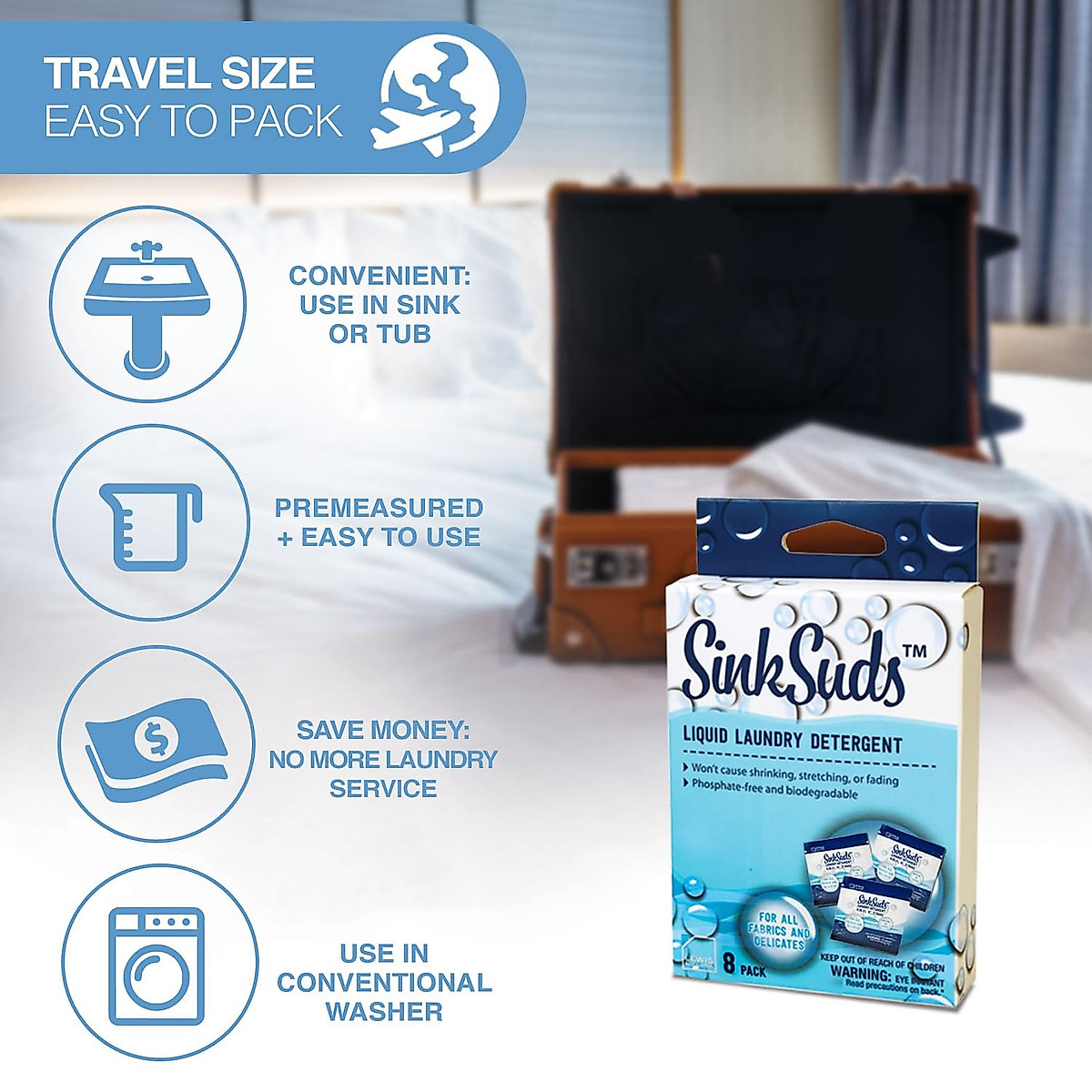 SinkSuds Laundry Detergent, Travel Size Liquid Soap, TSA Compliant, Safe For All Fabrics, 8 Packets (Packaging May Vary)