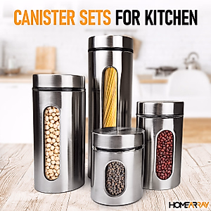 HOMEARRAY Stainless Steel Kitchen Canisters for Countertop – Set of 4 Stainless Steel Containers with Lids – Kitchen Containers Storage Set with Glass Window for Pasta, Cereal, Flour