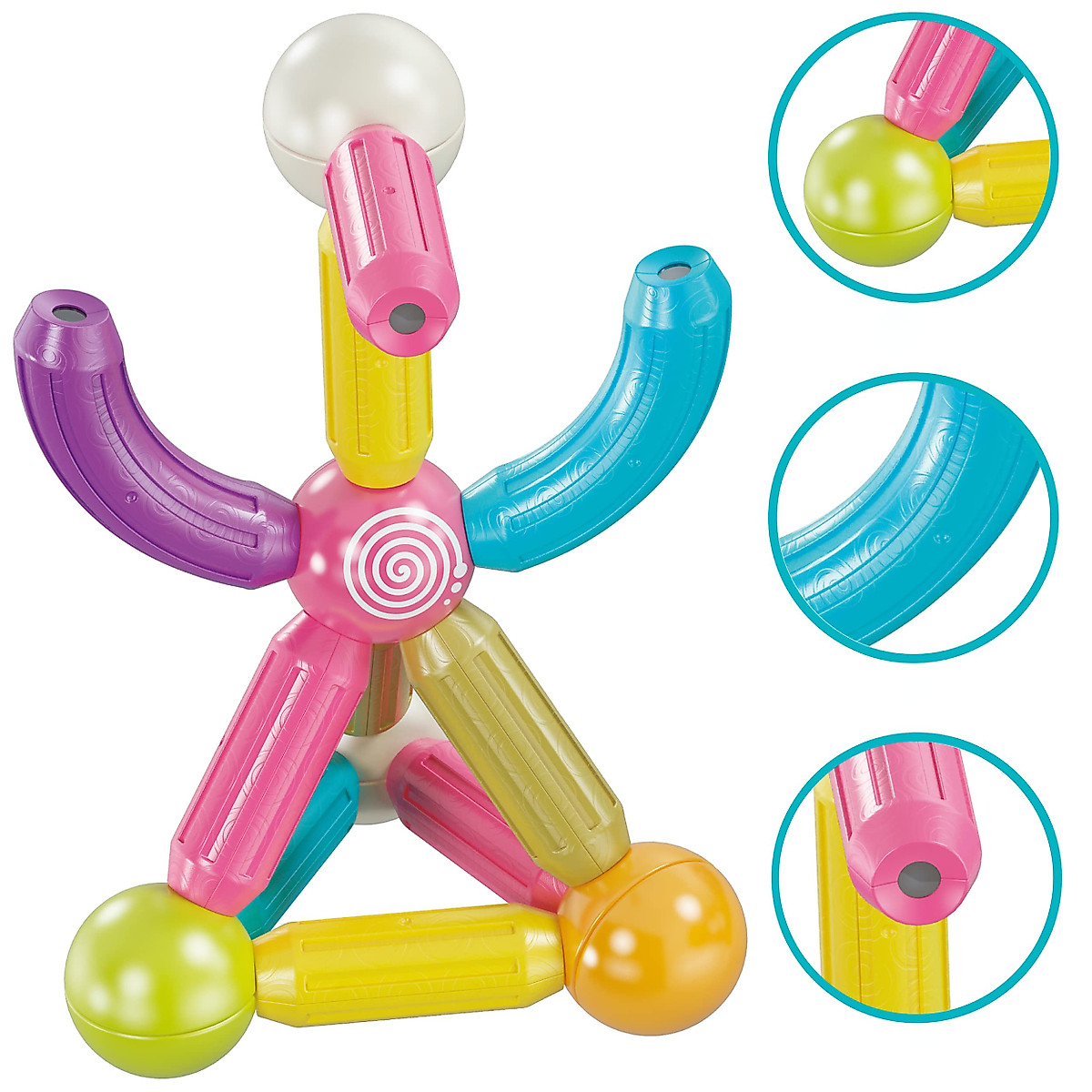 Magnetic Balls and Rods Set | 34 PCS Educational Magnet Building Blocks – Vibrant Colors, Different Sizes & Curved Shapes + Instructions Manual – Developmental STEAM Toys for Boys & Girls 3 4 5 6 7