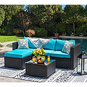 Walsunny Patio Furniture Set 3 Piece Outdoor Sectional Patio Sofa, All Weather Wicker Rattan Outdoor Furniture with Glass Table and Cushions(Black/Blue)