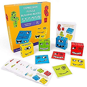 TACY Expressions Matching Wood Blocks Toy Making Emotion Game Challenge Cards for Children's Logical Thinking Intellectual Training Toys Parent-Child Board Game