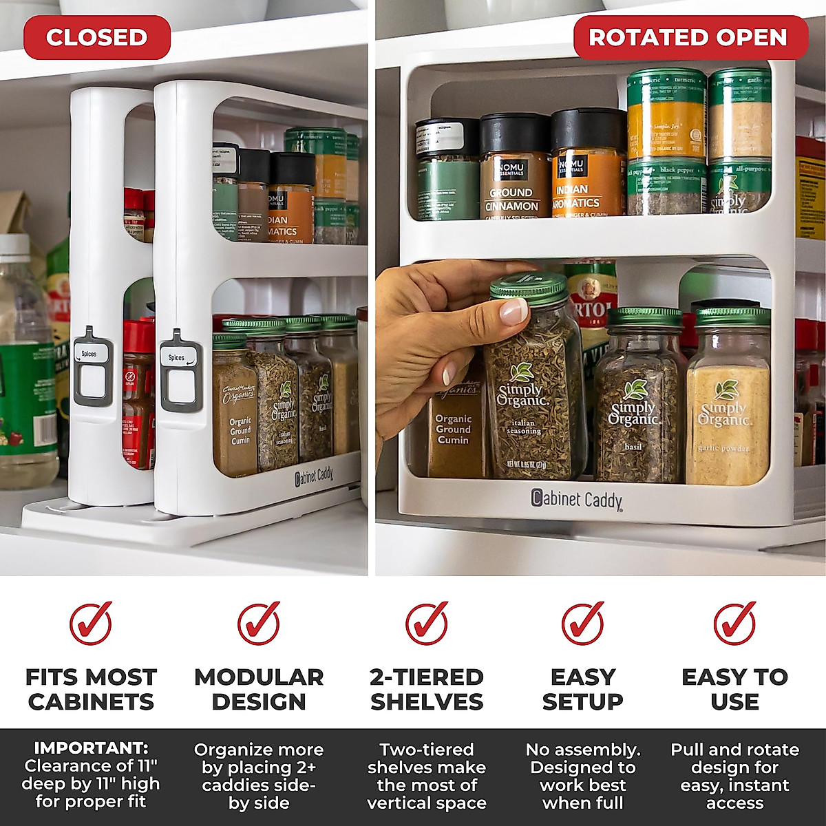 Cabinet Caddy (White) | Pull-and-Rotate Spice Rack Organizer | 2 Double-Decker Shelves | Modular Design | Non-Skid Base | Stores Prescriptions, Essential Oils | 10.8"H x 5.75"W x 10.8"D