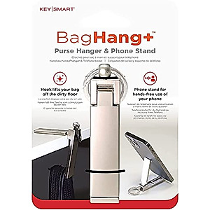 KeySmart BagHang Plus - 2-in-1 Purse Hook for Table & Phone Stand - Bag Holder and Hanger for Table Tops - Keychain Purse Hanger for Desk - Easy to Clip and Strong Grip Carabiner - Stainless Steel