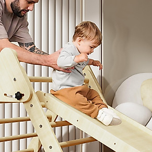 Benarita Pikler Triangle Set 2 in 1, Folding Wooden Triangle Climber with Ramp, Indoor Climbing Toys for Toddlers, Montessori Climbing Toys for Kids Gym Playground