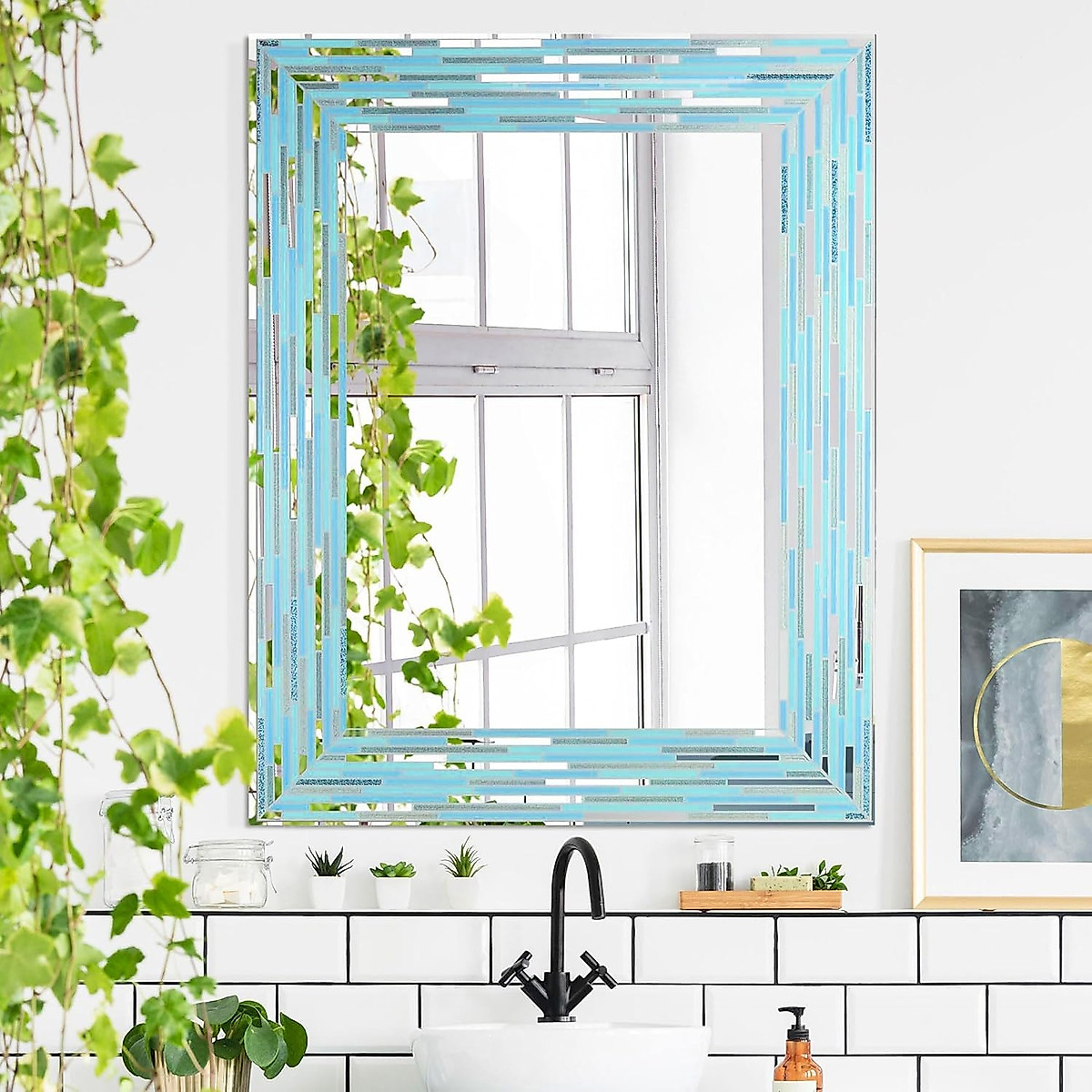 Head West 24"x30" Reeded Tiled Sea Glass Aqua Blue Vanity Mirror for Bathroom Wall, Mosaic Accent Rectangle Vanity Bathroom Mirror for Over Sink, Bedroom, & Living Room