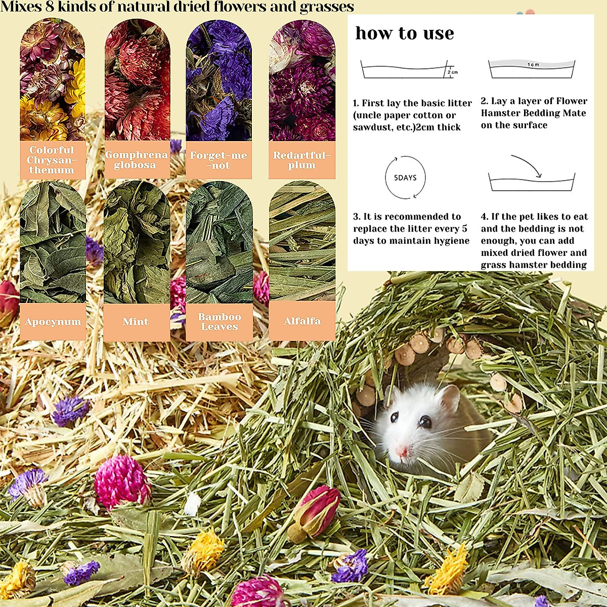 Tfwadmx Hamster Substrate Moss Natural Bedding Habitat Decor for Dwarf Syrian Hamsters Gerbils Mice Degus Bunny or Other Small Animal (Flower & Herb（A）(2PCS))