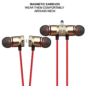 Acuvar Wireless Magnetic Rechargeable Ear Buds, in line mic, Volume, Play/Pause Controls (Gold/Red)