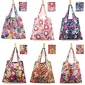 MRYUWB 6 Pcs Set Reusable Grocery Bags, Foldable Shopping Bags, Large Groceries Bags with Pouch Bulk, Ripstop, Easy Carrying，Waterproof, Eco-Friendly, Machine Washable Nylon Tote Bag (Shiny Flowers)