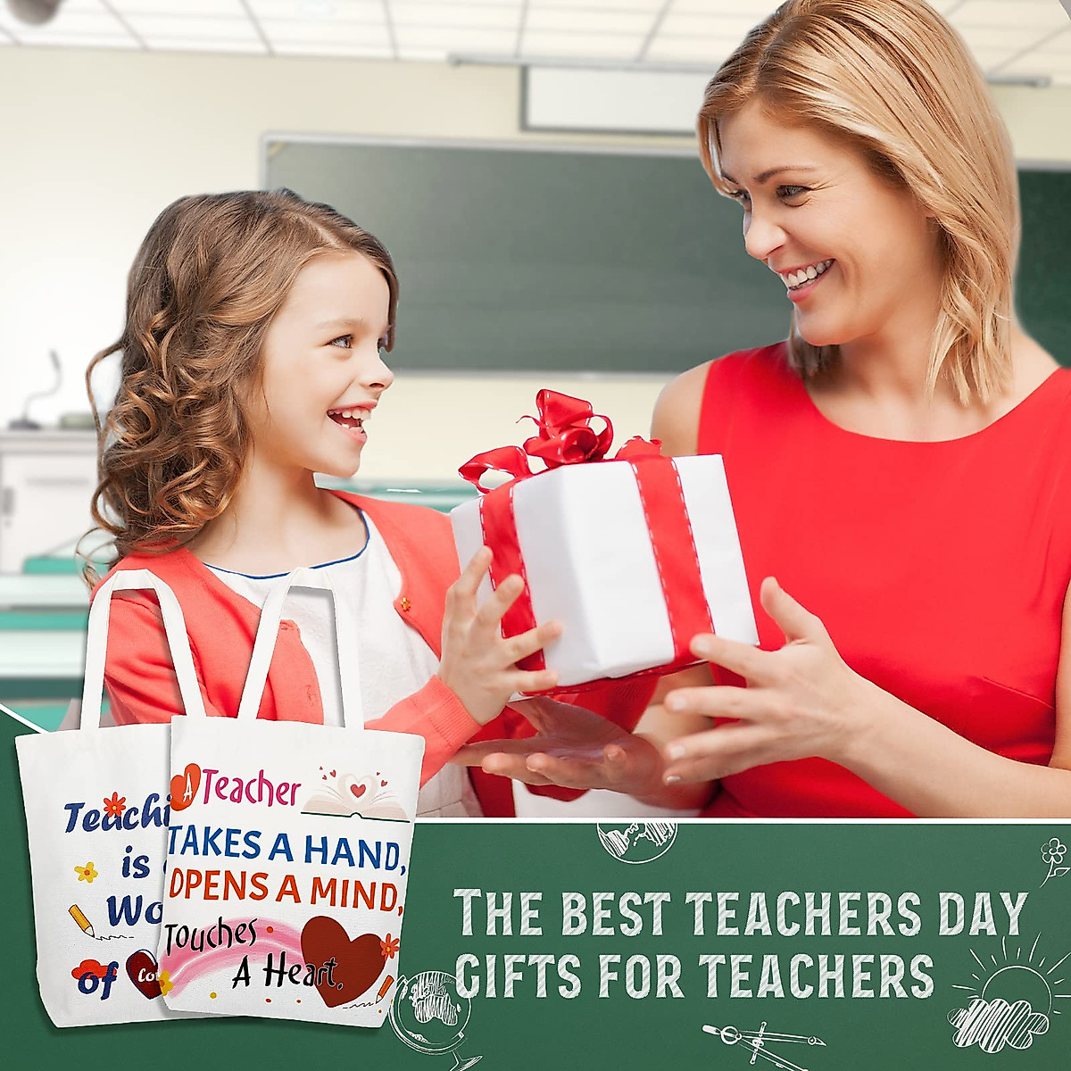 Canvas Tote Bag Teacher Gifts for Women Men from Student, Cute Appreciation Gift Utility Teachers Bags and Totes with Interior Pockets, Birthday Graduation Christmas Thanksgiving Presents (White)