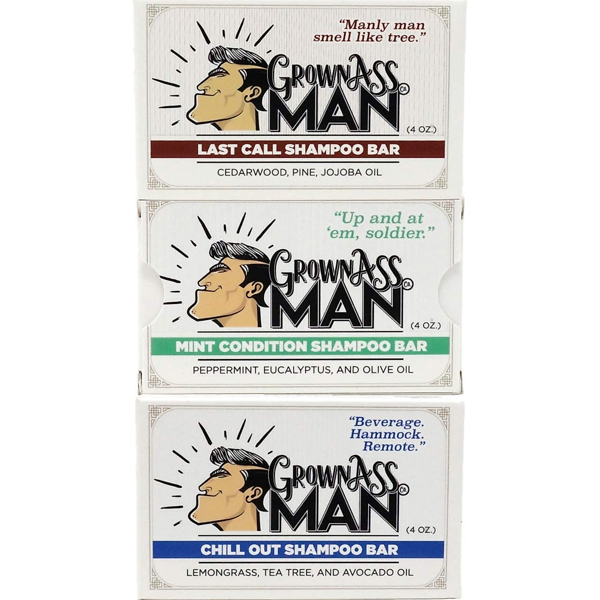 Grown Ass Man Co. - Solid Shampoo Bar Rich Lather 3 in 1: Hair, Beard & Body Wash - Plastic Free & Eco-Friendly, Natural & Organic Clean for All Hair Types, 4oz Bar (Variety, 3-Pack)