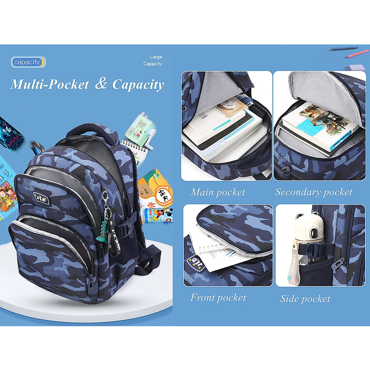 Camo Kids Backpacks for Boys, Water-resistant Camouflage Preschool Kindergarten Boys Backpacks Bookbags, Army-green