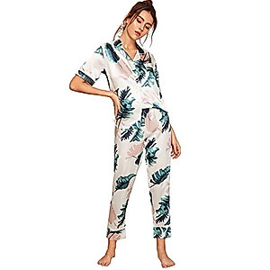 Floerns Women's Printed Two Piece Short Sleeve Sleepwear Long Pants Pajamas Sets A White S