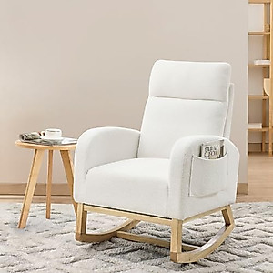 JEEOHEY Rocking Chair Nursery,Teddy Fabric Upholstered Baby Glider Rocker Chair,Comfy Accent Arm Chair with Side Pockets&Solid Wood Legs,Modern Nursing Single Sofa Chair for Living Room,Bedroom(White)