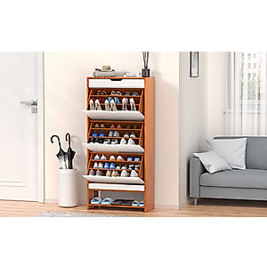 NewCosmos Shoe Cabinet with 3 Flip Drawers Wooden Shoe Cabinet Organizer with Adjustable Shelves Freestanding Shoe Rack Storage Cabinet for Entrance Hallway Living Room Bedroom