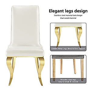 AZhome Dining Chairs, White Faux Leather Upholstered Dining Room Chairs in Button-Tufted Back, Dining Chairs with Gold Legs for Kitchen Dining Room, Set of 2