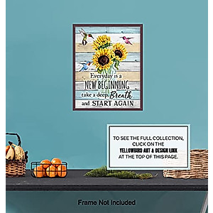 Inspirational Wall Art & Decor - New Beginnings Hummingbirds Sunflowers Rustic Boho Family Wall Art - Inspiration Saying Quotation - Positive Quotes Wall Decor - Encouragement Gifts for Women Woman