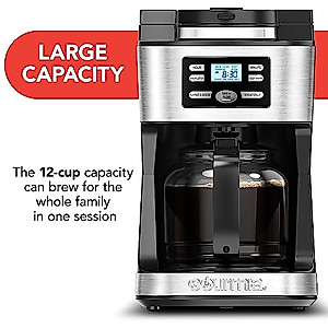 Gourmia Digital Coffee Machine 12-Cup Large coffee maker integrated Coffee Grinder & glass coffee pot with reusable stainless steel mesh coffee filter 4-Hour Keep-Warm and Freshness Indicator GCM3180