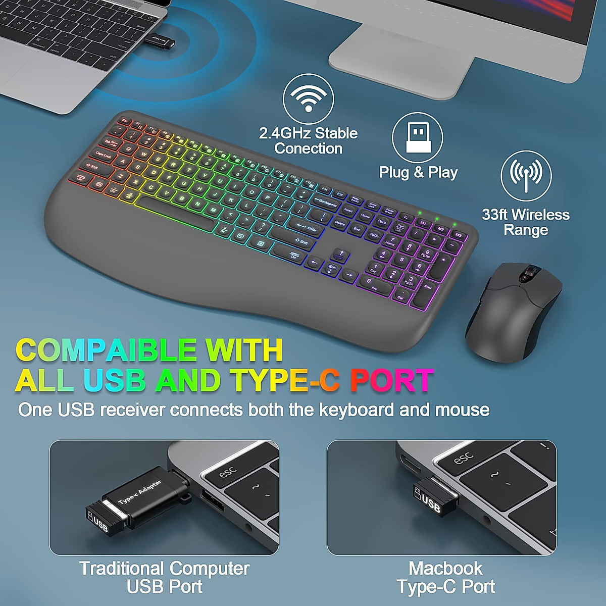 Wireless Keyboard and Mouse Combo with 7 Colors Backlit, Wrist Rest, 2.4G Rechargeable Ergonomic Full Size Light Up Wireless Keyboard and Mouse Set for Computer, PC, Mac, Laptop, Chromebook (Grey)