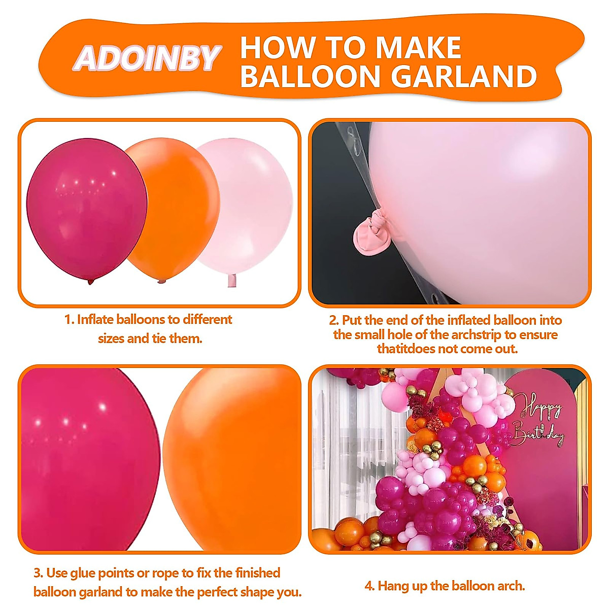 Pink and Orange Balloon Arch Kit, ADOINBY 161Pcs Hot Pink Orange Metallic Gold Latex Balloon Garland kit, 18 12 10 5 Inch Different Size Balloons for Birthday Baby Shower Wedding Party Decorations