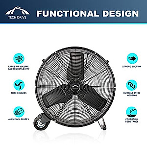 Tech Drive Heavy Duty Metal Industrial Drum Fan, 24 inch High Velocity Shop Fan, 2 Speed Large Floor Fan for Warehouse, Workshop, Factory, Garage, All Metal, Black