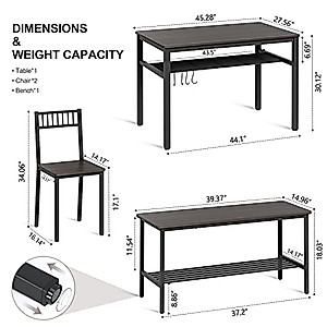 Bigbiglife Dining Table Set for 4, Kitchen Table with 2 Chairs and 1 Bench, Dining Table Set with 2 Storage Racks and 4 S-Hooks, Modern Design for Small Space Home Kitchen, Dark Grey