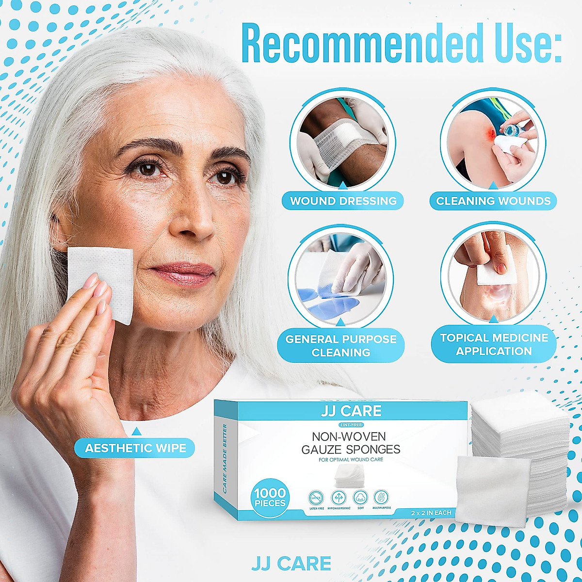 JJ CARE Non Woven Gauze [1000 Count], 2x2 Non Woven Gauze Pads for First Aid, 4-Ply Dental Gauze, Lint-Free Esthetic Wipes, Gauze Sponges for Wound Care