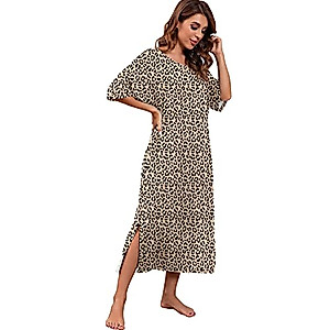 PrinStory Womens Long Nightgown Round Neck Nightshirts Short Sleeve Loose Loungewear Casual Sleep Dress With Pockets FP-Leopard Khaki-X-Large