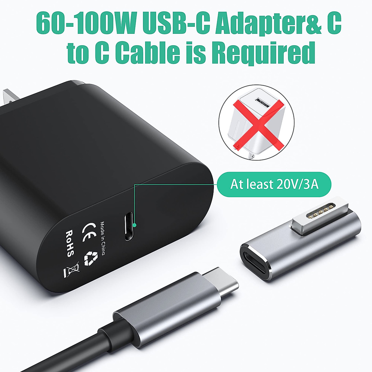 AGVEE [1 Pack USB-C to Magnetic T-Tip Adapter, Type-C PD 100W Power Fast Charging Converter Connector Replacement for MacBook Pro Air (2013-2015) T-Head, Gray