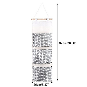 Estink 3Pcs Hanging Storage Bag, Fabric Wall Shelf Basket Storage Pouch, Cotton Linen Storage Bags Door Pouch with 3 Pockets, Organizer Bags for Bedroom Bathroom Kitchen(Gray)