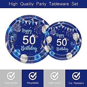 96 Pcs Blue 50th Birthday Party Plates Napkins Tableware Set Happy Birthday Supplies Navy Blue and Silver Disposable Dinnerware Decoration Favors for Women Men 24 Guests