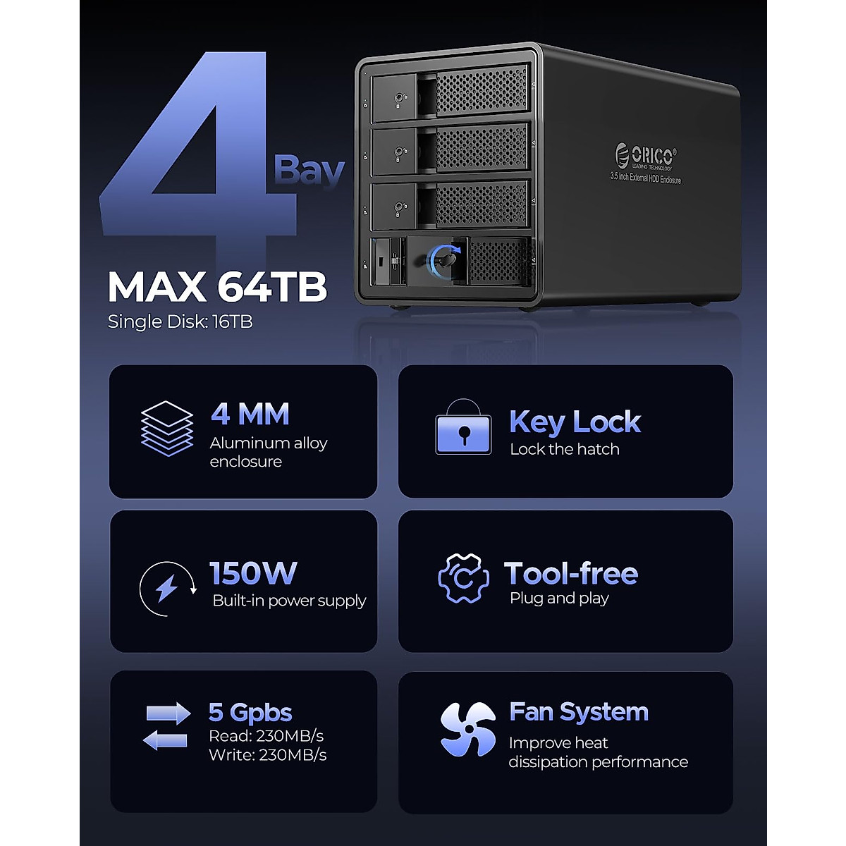 ORICO 4 Bay Hard Drive Enclosure Aluminum USB3.0 with Hard Drive Tray-Less Design, Build-in 80mm Cooling Fan and 150W Power Supply Max Up to 64TB, Designed with Safety Lock-9548