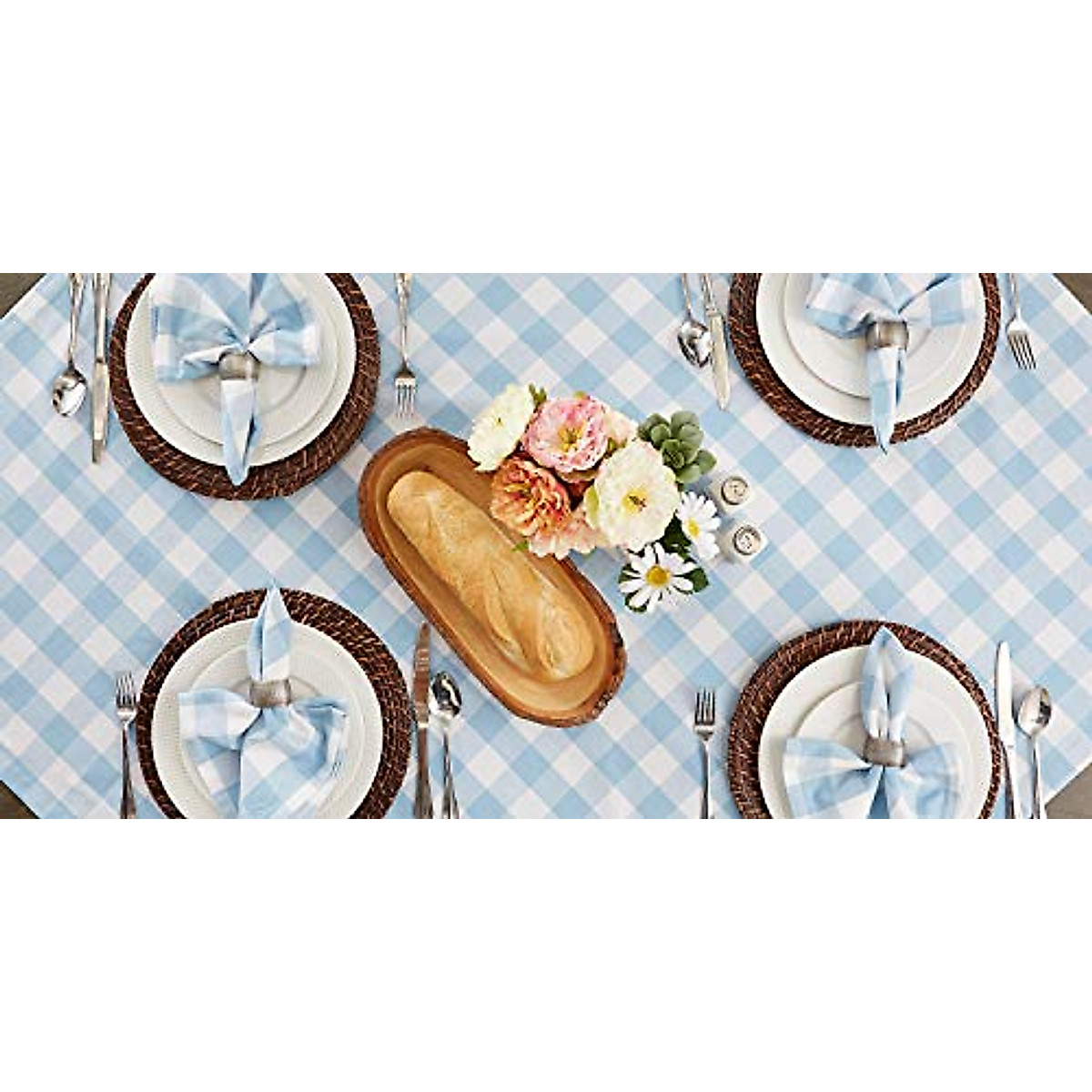 DII Buffalo Check Collection, Classic Farmhouse Tablecloth, Tablecloth, 70" Round, Light Blue & White