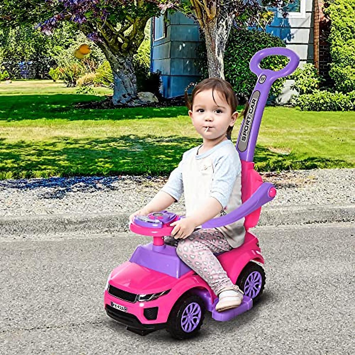 Aosom 3 in 1 Push Cars for Toddlers Kid Ride on Push Car Stroller Sliding Walking Car with Horn Music Light Function Secure Bar Ride on Toy for Boy Girl 1-3 Years Old Pink