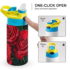 Stainless Steel Water Bottles Many Red Rose Travel Water Cups with Handle And Silicone Straw Drinking Cup with Leak Proof Lid Thermo Travel Mug for Women Men