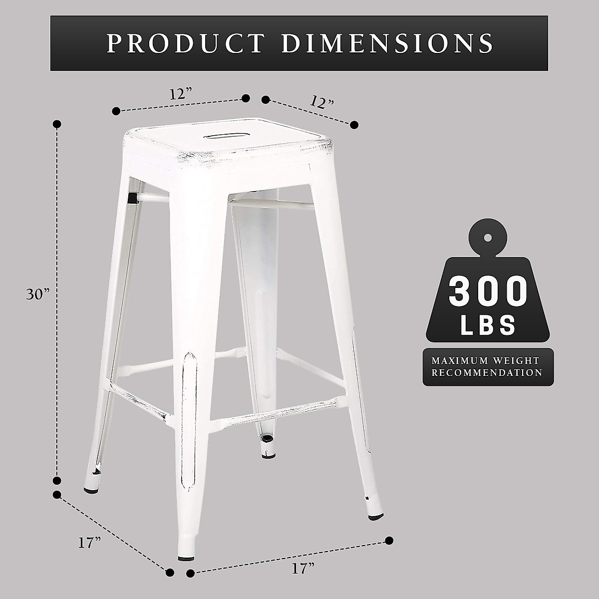AC Pacific Backless Metal Barstools, Modern Industrial Light Weight Stackable Counter Height Bar Stools Set of 2 for Indoor and Outdoor Use, 30" High, Distressed Snow White