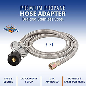 Flame King SS-QCC-3/8 5-FT Universal QCC1 Low-Pressure Propane Regulator with Stainless Steel Braided Hose for Most LP Gas Grills, Heaters, and Fire Pit Tables, 3/8" Female Flare Nut, Steel