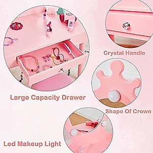 Vabches Kids Vanity Set with Mirror and Stool, Children Makeup Dressing Table with Lights, Princess Vanity Table for Toddlers, Pink