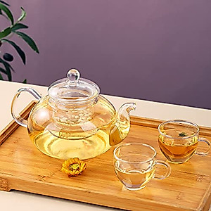 Kyraton Glass Tea Pot with 4 Tea Cups, Removable Infuser, Blooming and Loose Leaf Tea Maker and Teacups Set, Stovetop Microwave Safe Tea Kettle